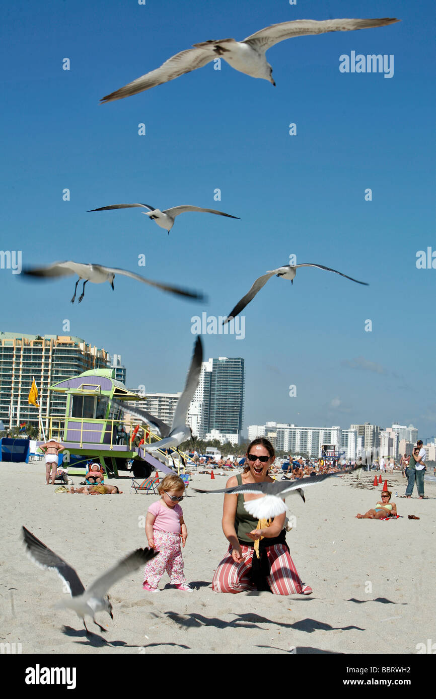 MOTHER AND HER DAUGHTER FEEDING SEAGULLS, MIAMI BEACH, SOUTH BEACH ...