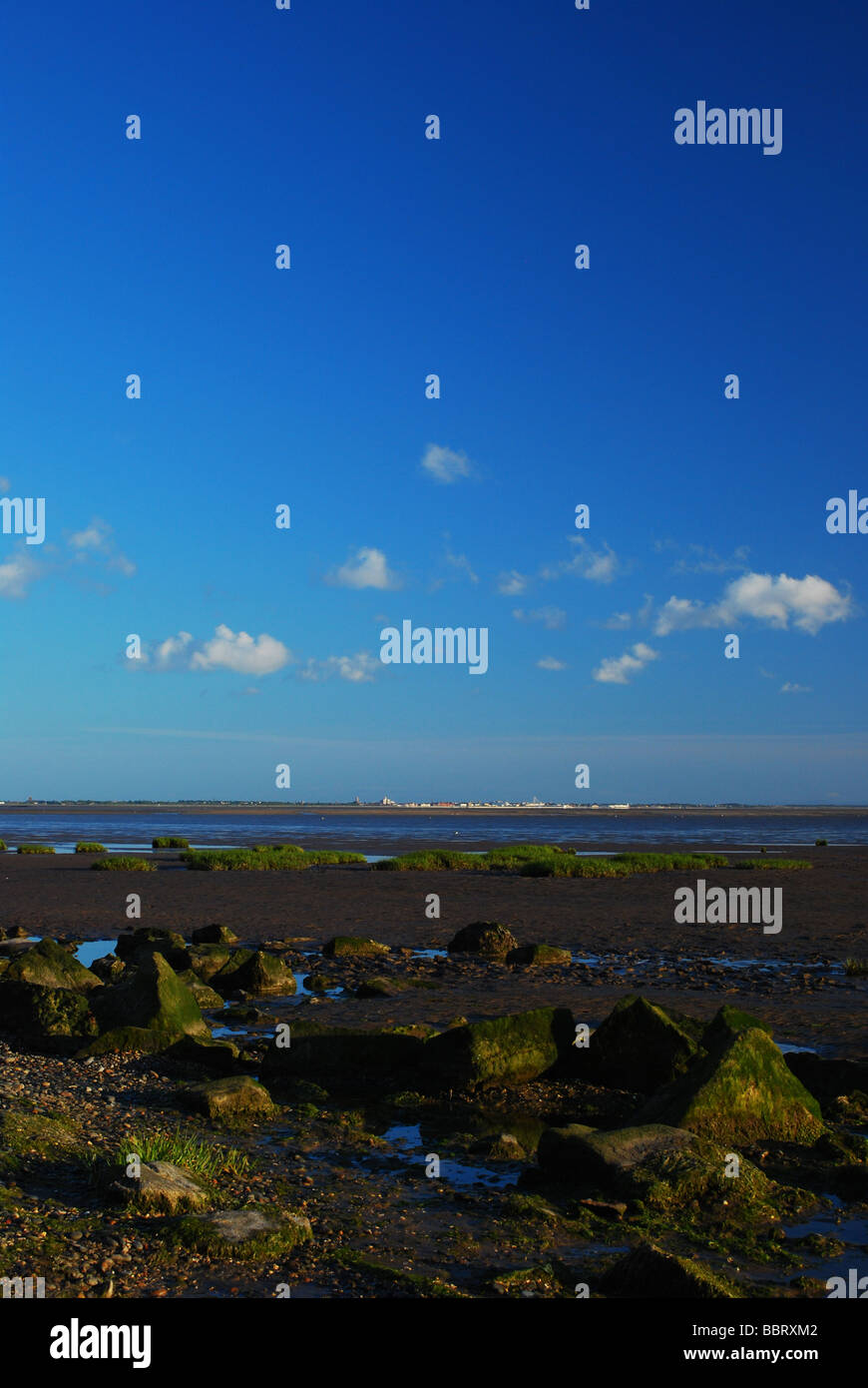 rocks on the beach, city in the distance Stock Photo - Alamy