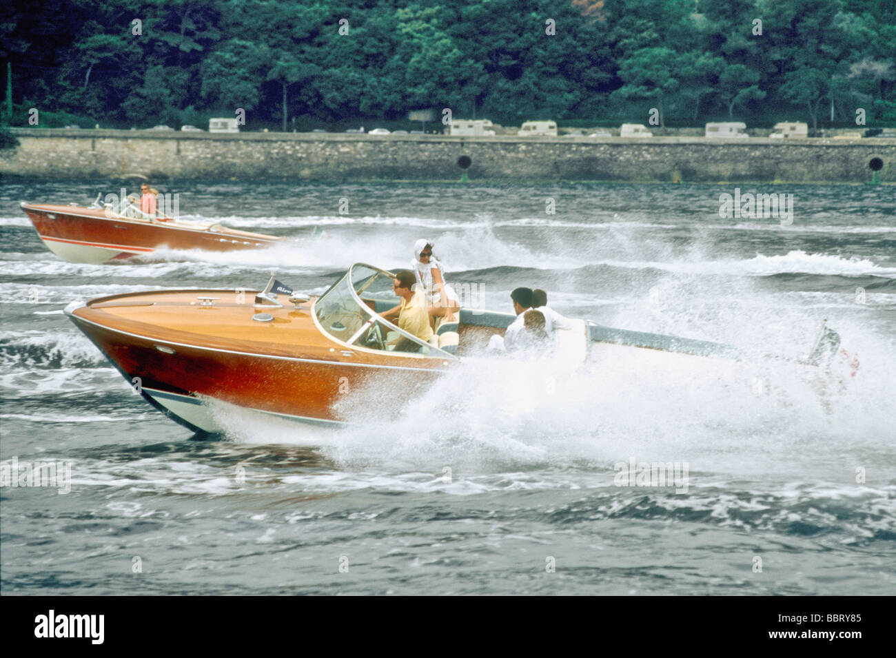 Riva Aquarama runabout motorboats at speed at Rapallo Gulf of Genova ...