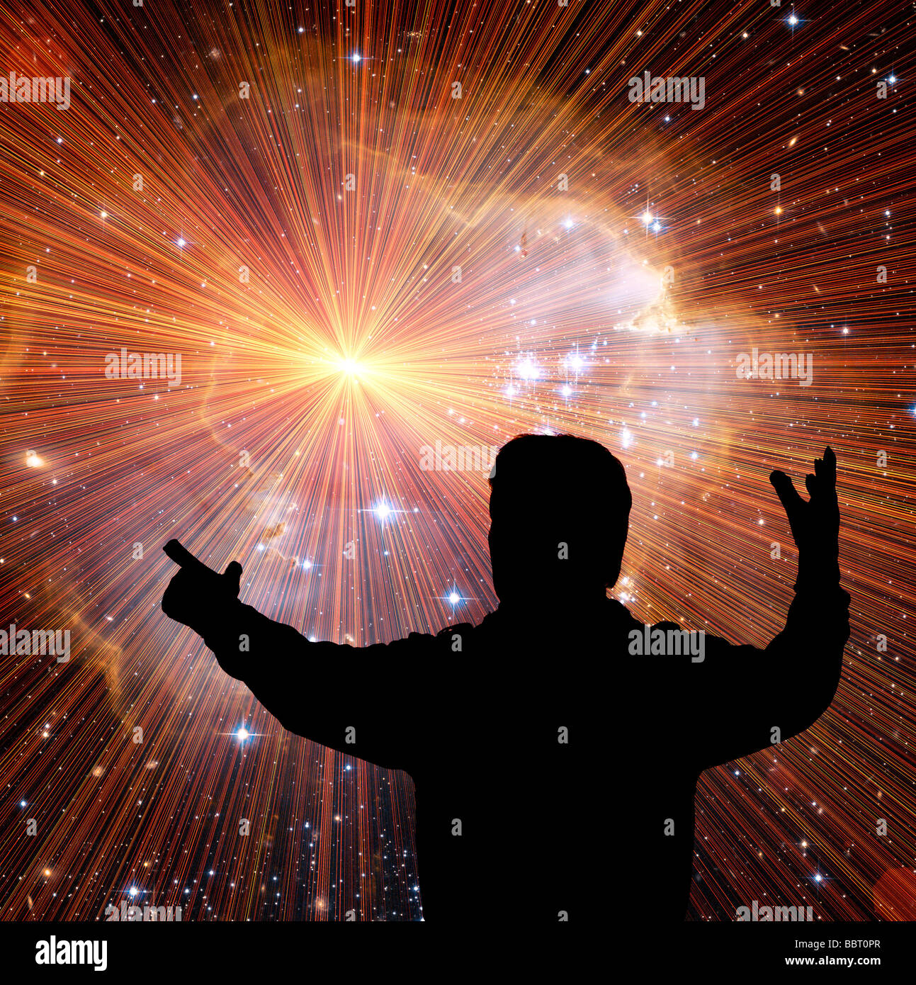man outstretched arms saluting computer generated space explosion Stock ...