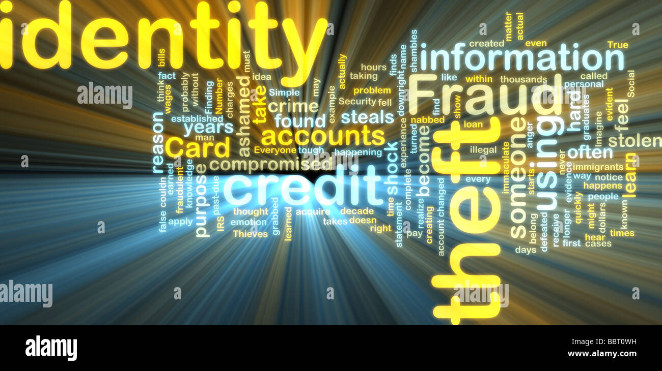 Word cloud tags concept illustration of identity theft glowing light ...