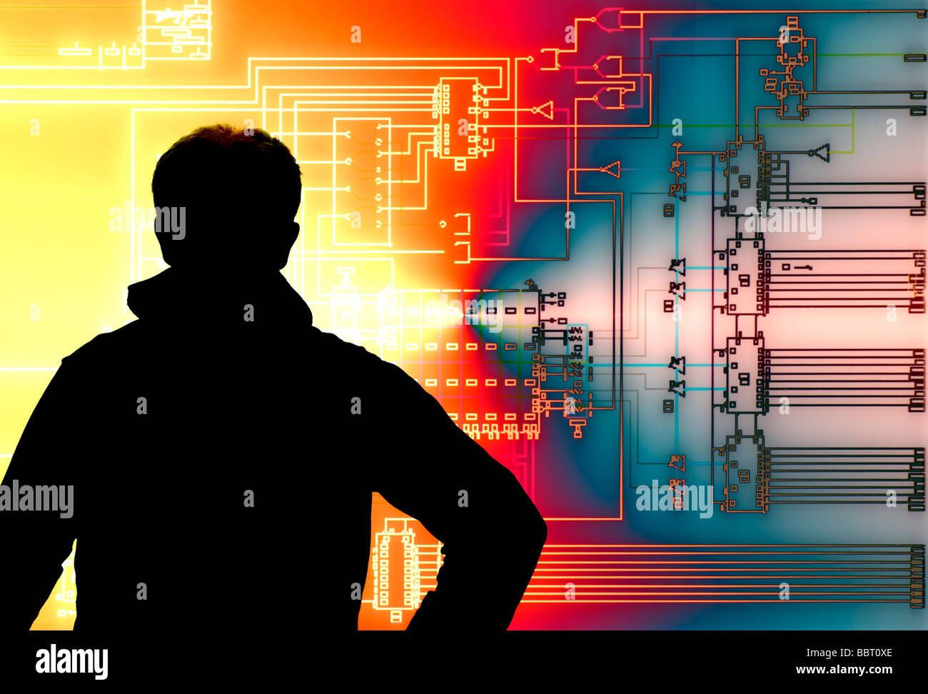 electronic engineer studying circuit board projection Stock Photo - Alamy