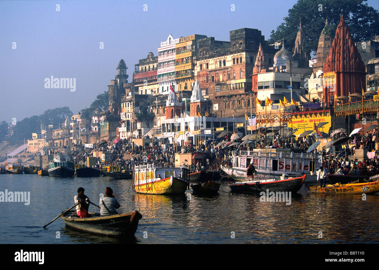 Sunset view of Prayag Ghat and Ganges river in Varanasi filled with ...