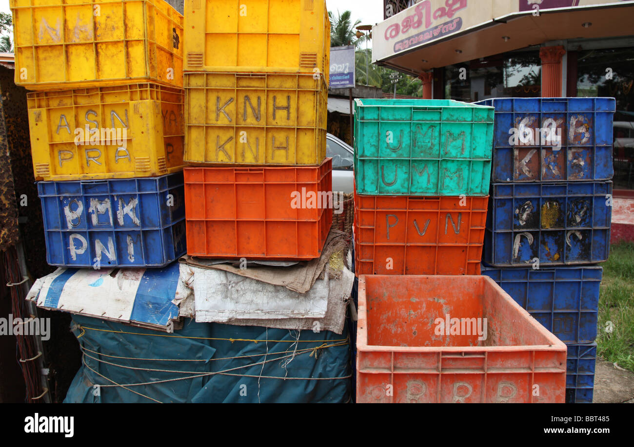 A stack of colorful crates in Alleppay Kerala Stock Photo - Alamy