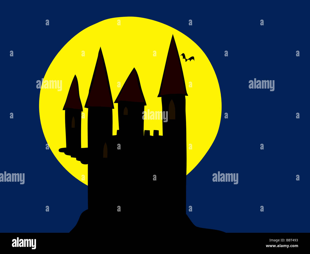 Illustration of the old haunted castle in the moonlight Stock Photo - Alamy