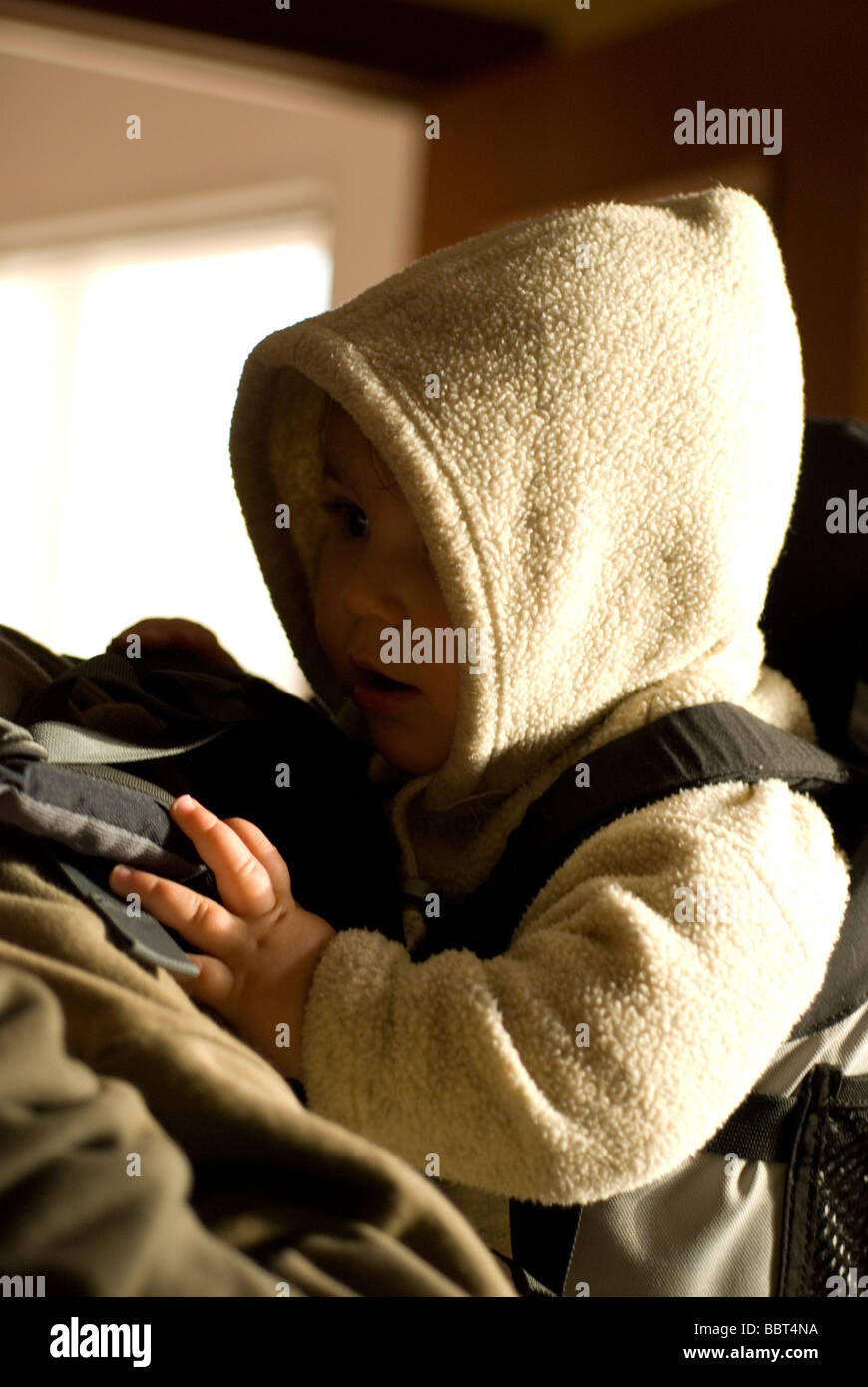 Baby on a backpack carrier with her father Stock Photo - Alamy