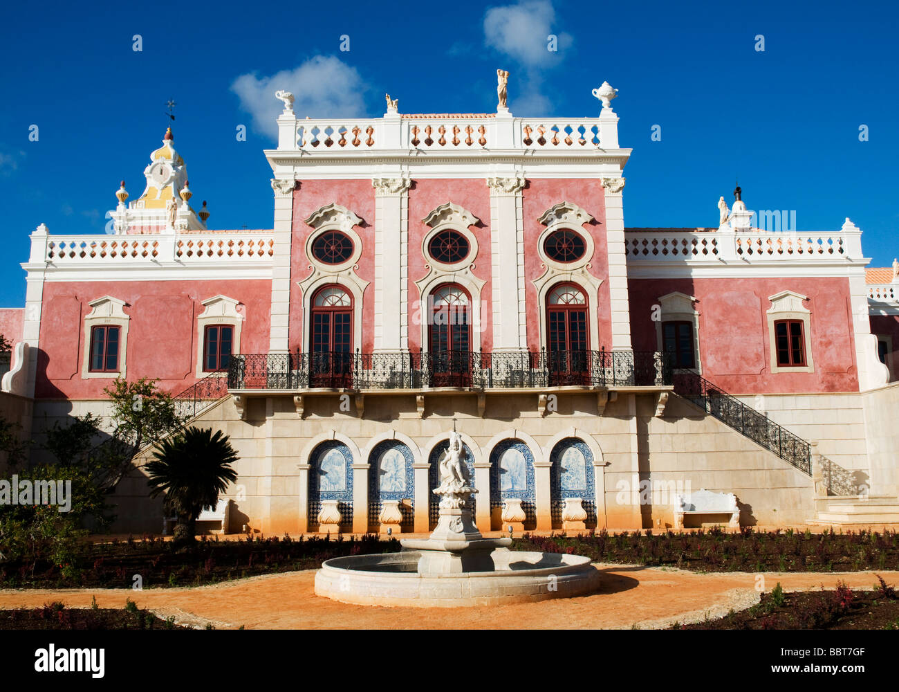The exterior of the restored Estoi Palace, in the Algarve, Portugal ...