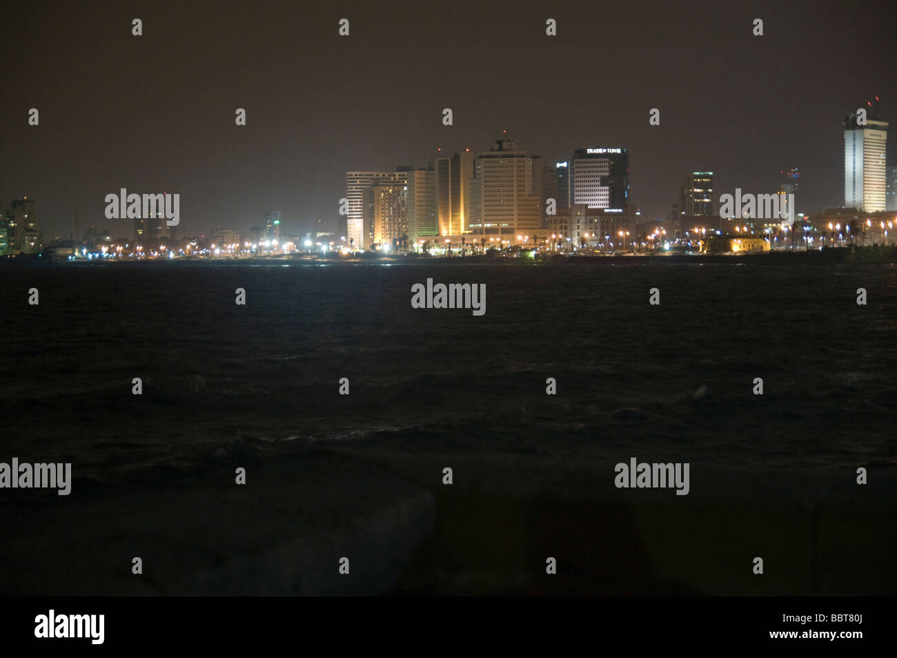 Israel Tel Aviv waterfront skyline at night as seen from south west ...
