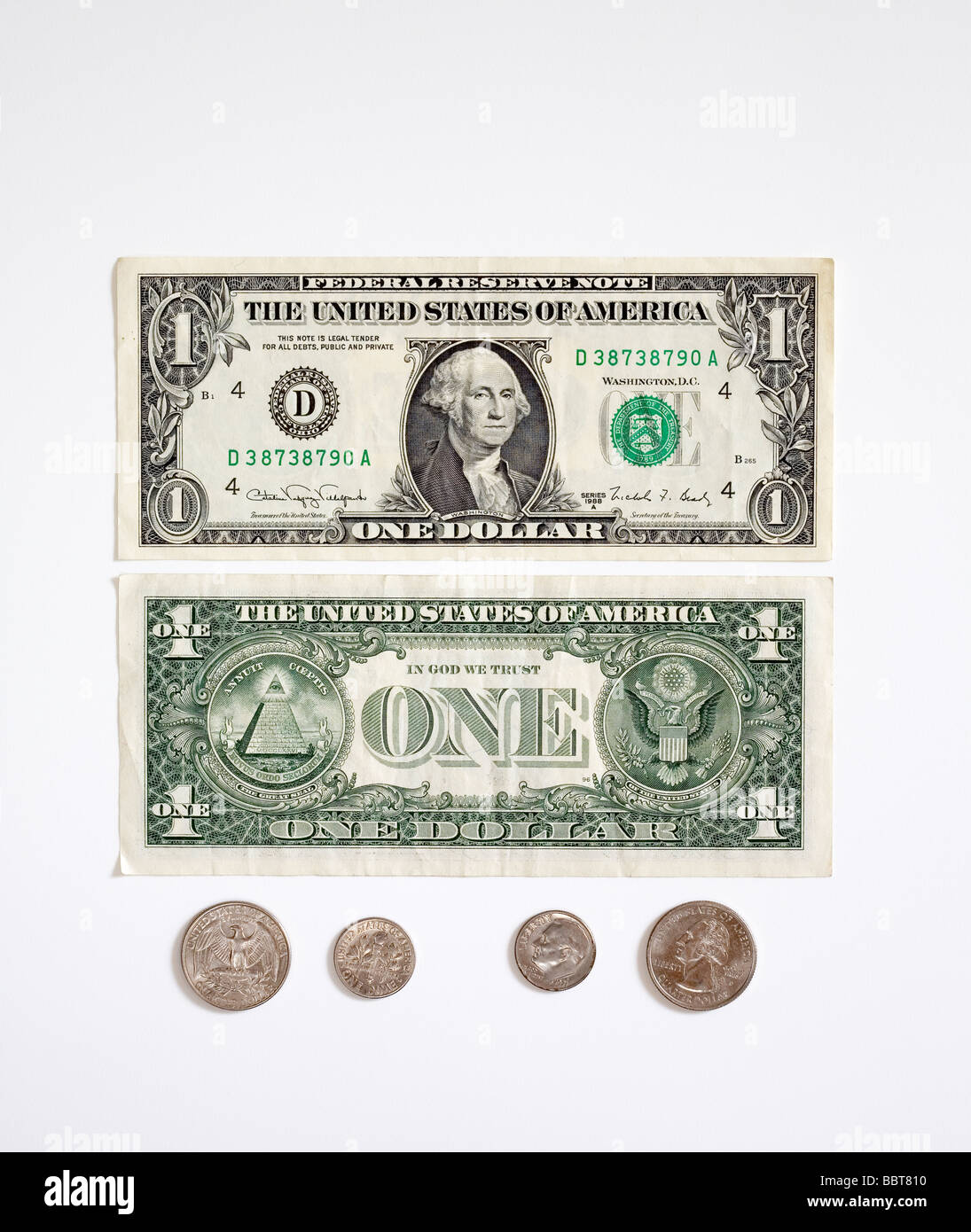 US one dollar bill and coins Stock Photo - Alamy