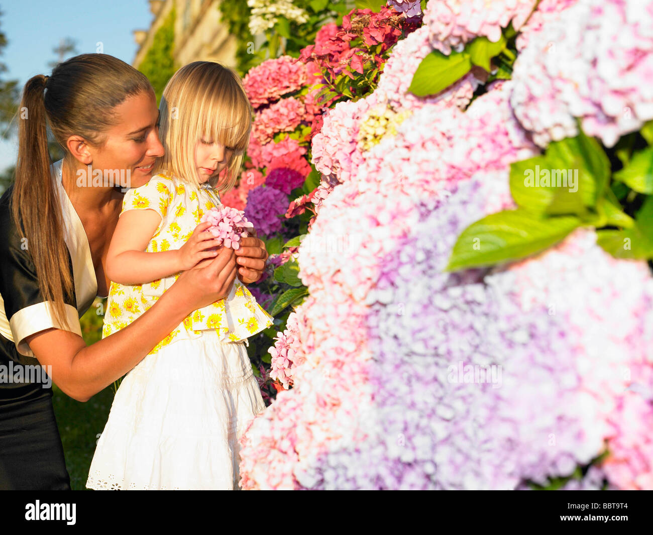 Woman and girl looking at flowers Stock Photo - Alamy