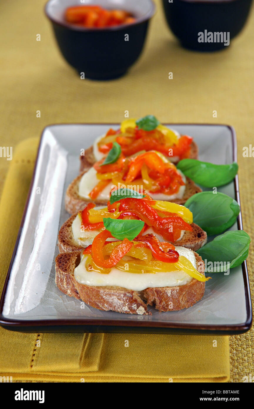 Small piece of toast with mozzarella cheese and pepper, Italy Stock ...