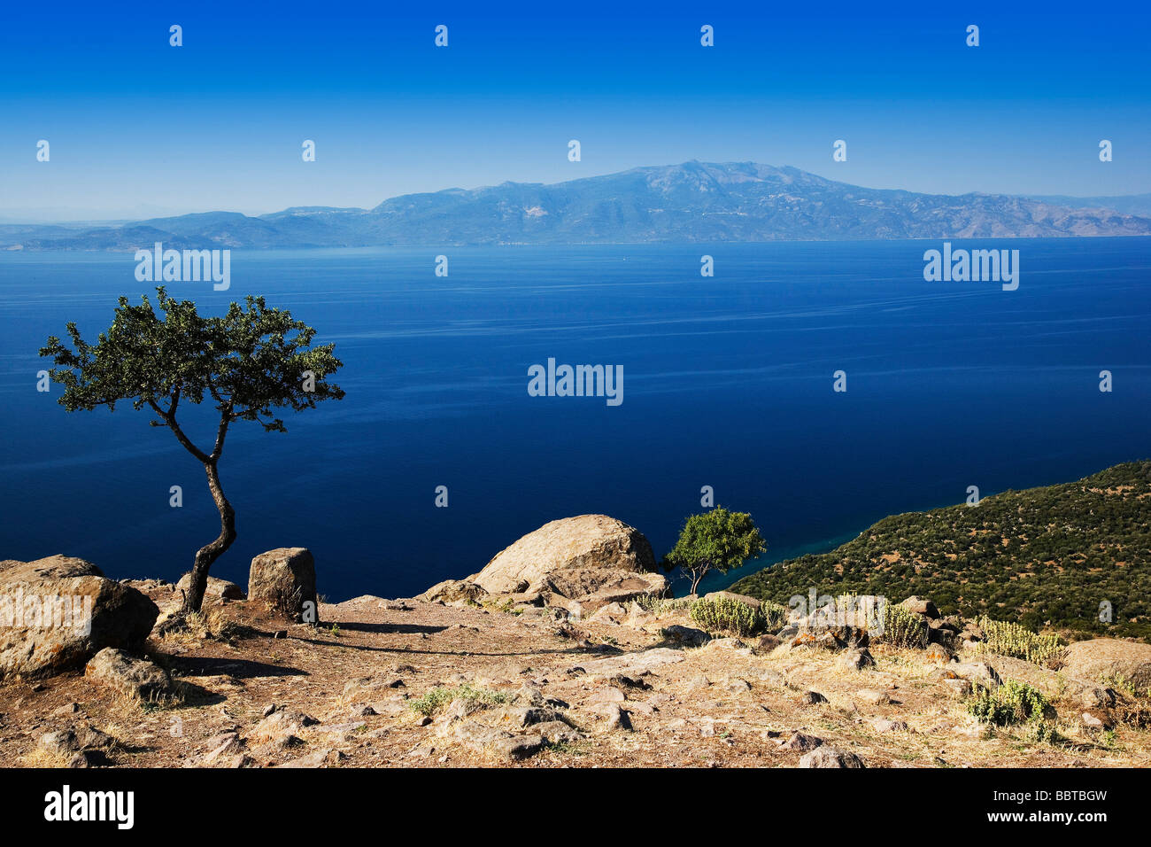 Panoramic view onAgean Sea and the greek island of Lesvos, Assos ...