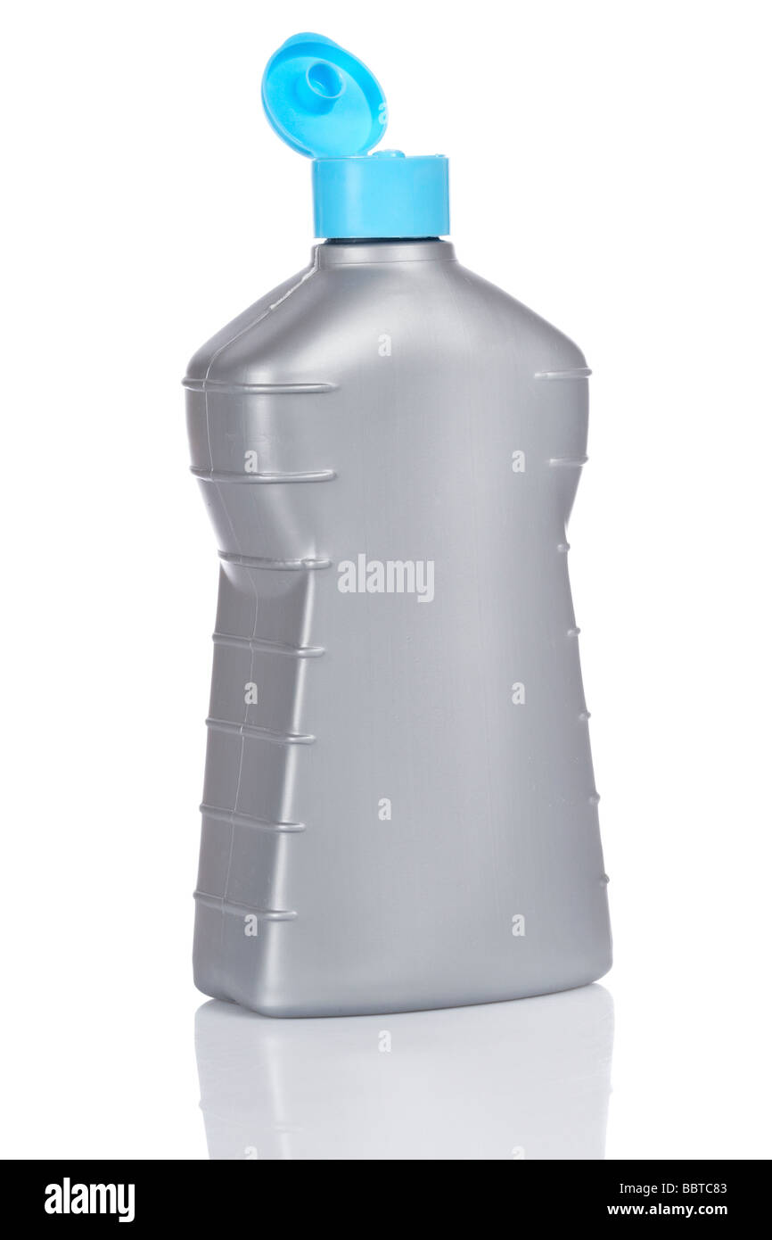Opened plastic detergent bottle reflected on white background Stock ...