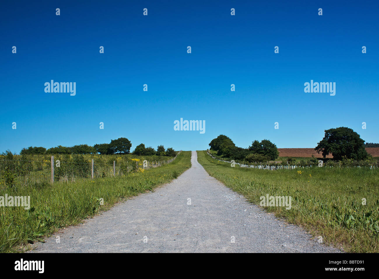 A picture of a straight path in the countryside leading up a hill. It ...