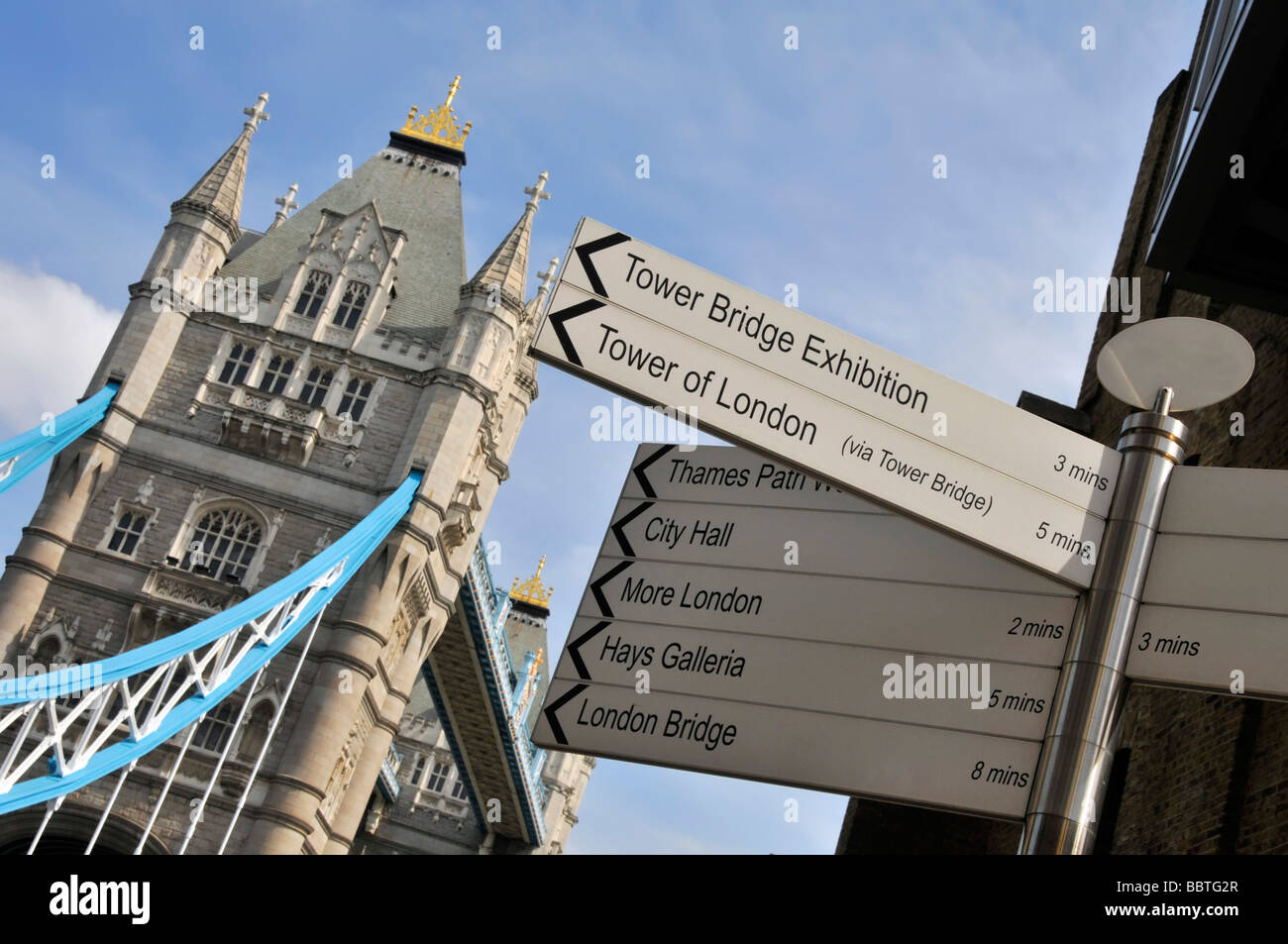 Sign posts for pedestrians beside Tower Bridge London Stock Photo - Alamy