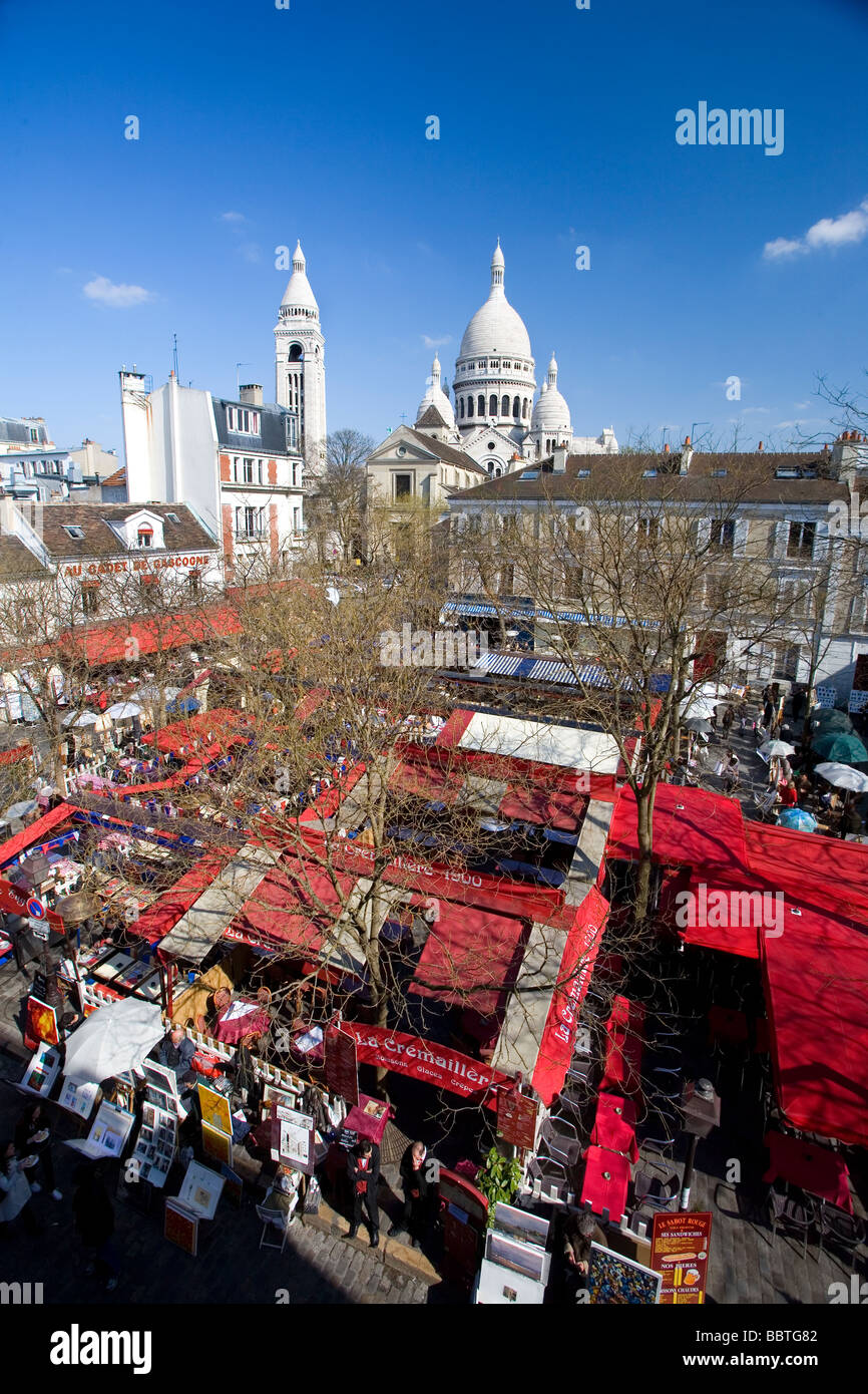 View of the Place du Tertre and Sacre Coeur in Montmartre Paris France ...