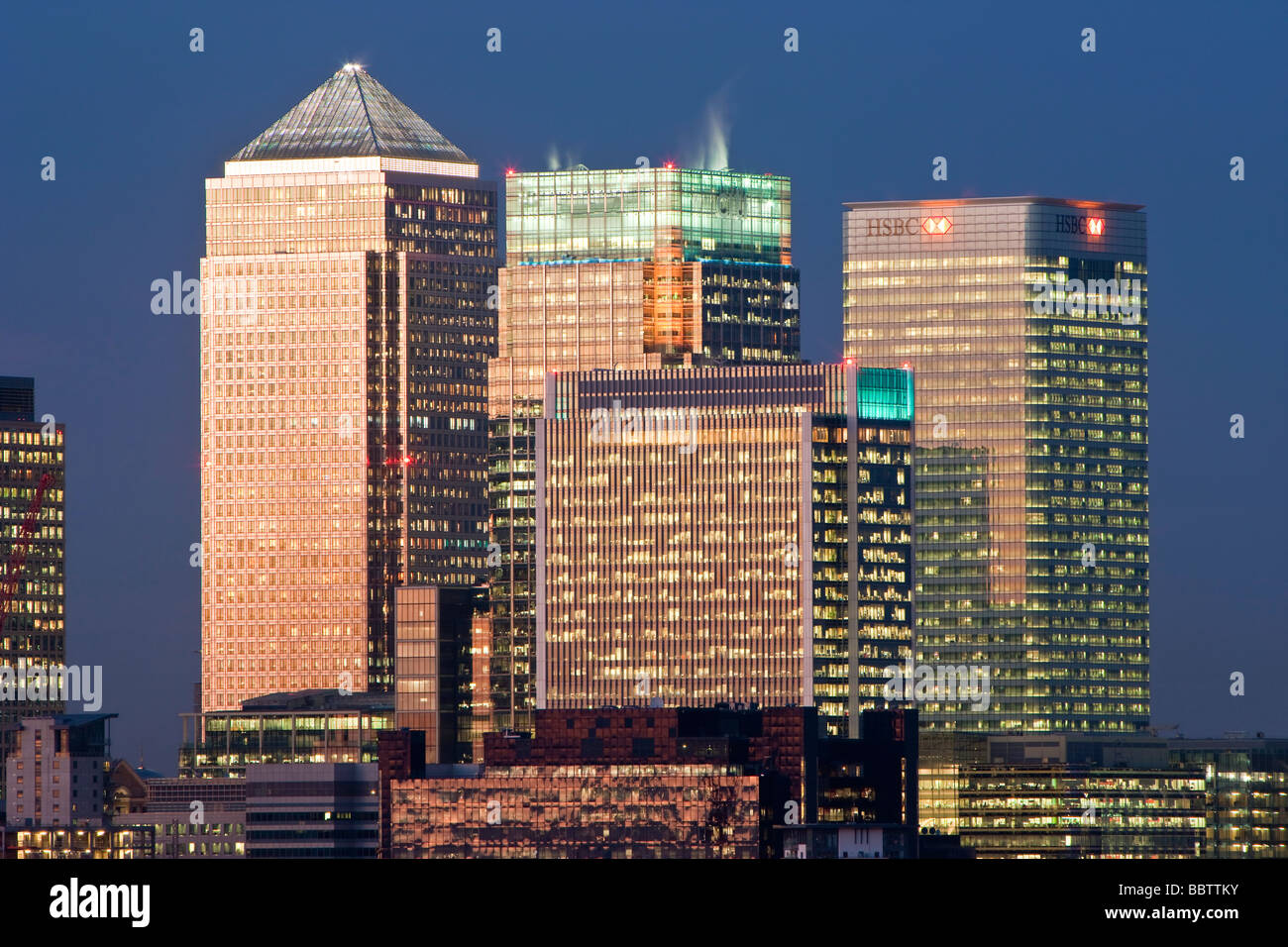 Bank buildings in the Financial centre of Canary Wharf London England ...