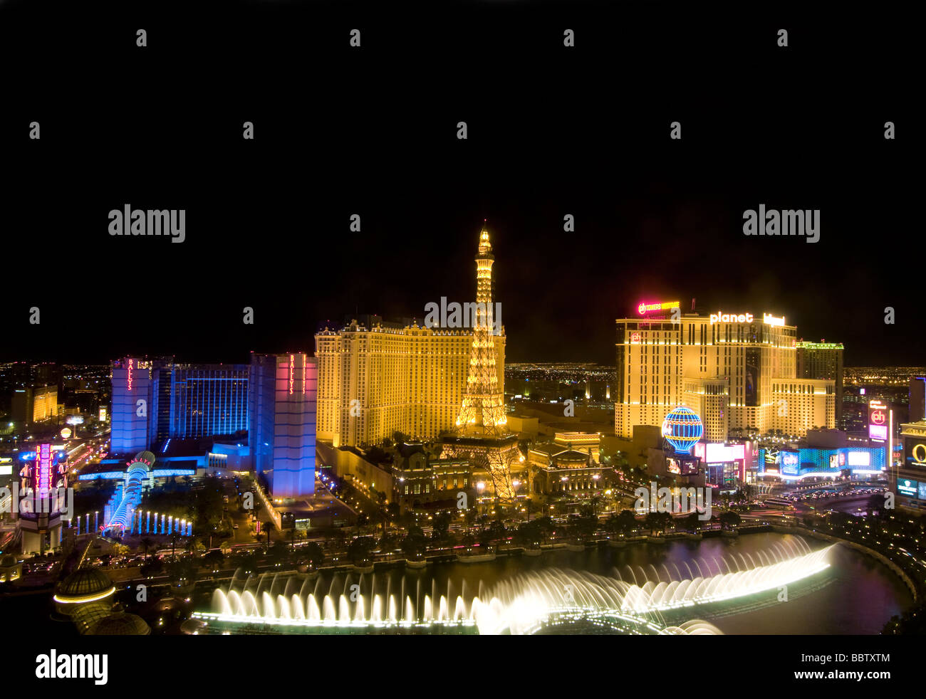 The Bellagio Hotel and casino fountains from above overlooking the Las ...