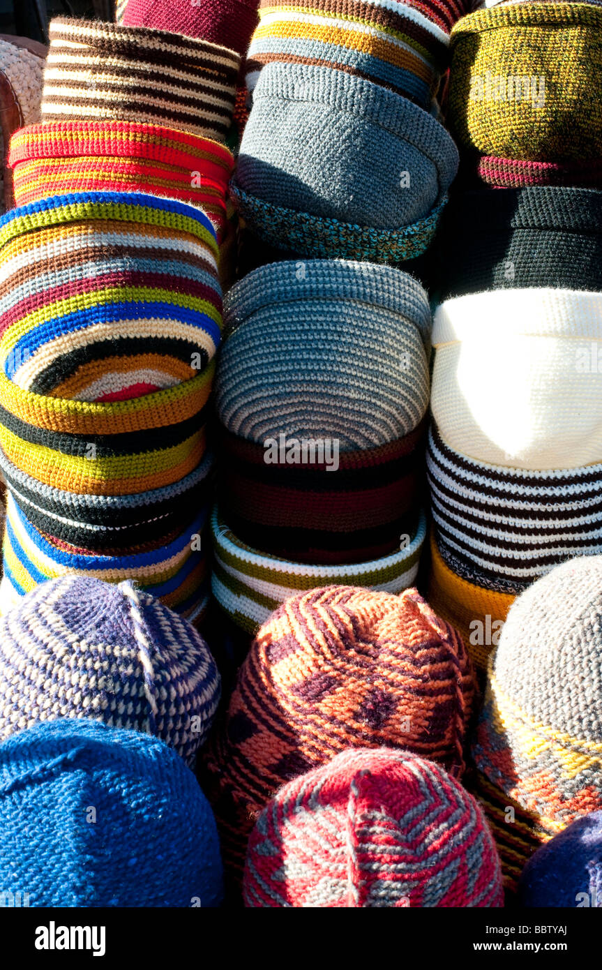 A traditional hat stall in the market in Djemaa el Fna square in ...