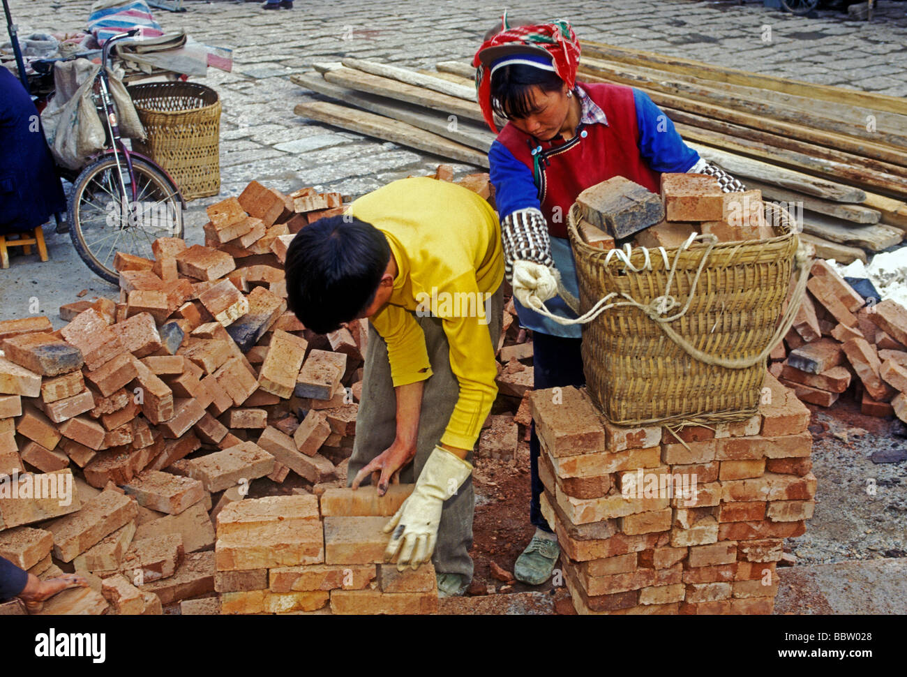 Chinese people, man and woman, male and female construction workers ...