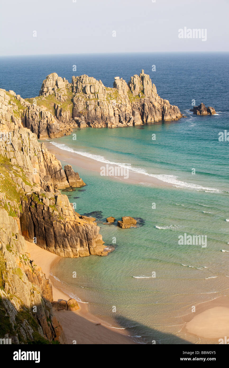Logan Rock headland at Porthcurno in Cornwall UK Stock Photo - Alamy