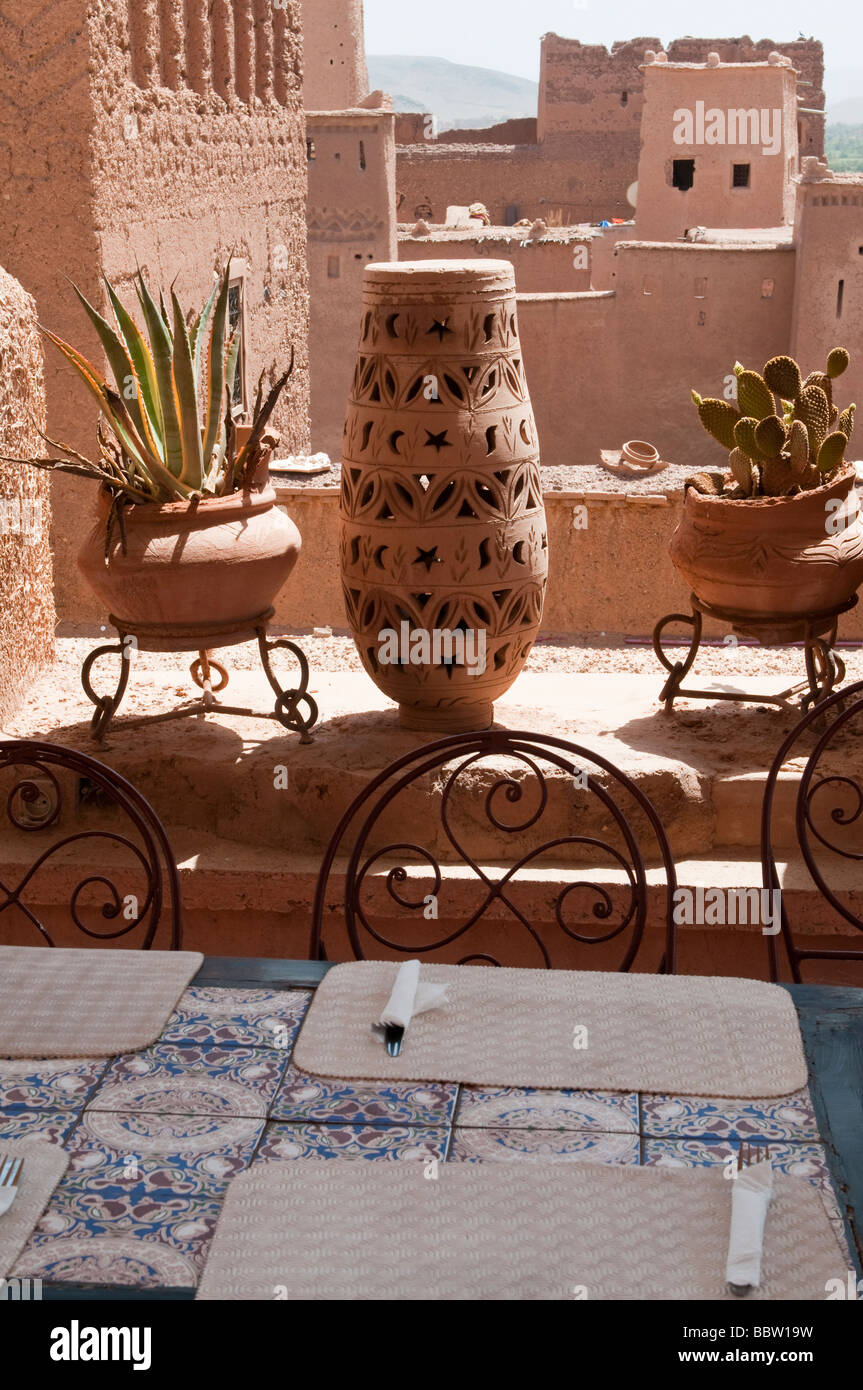 Scene from a roof top restaurant above a traditional riad in Marrakesh ...
