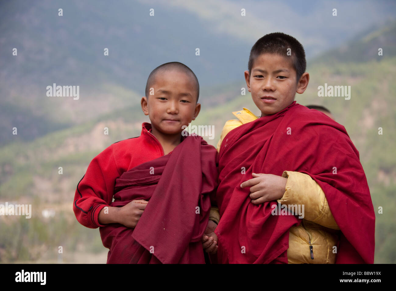 Young monks in red habit Thimphu monastery, Bhutan Stock Photo - Alamy