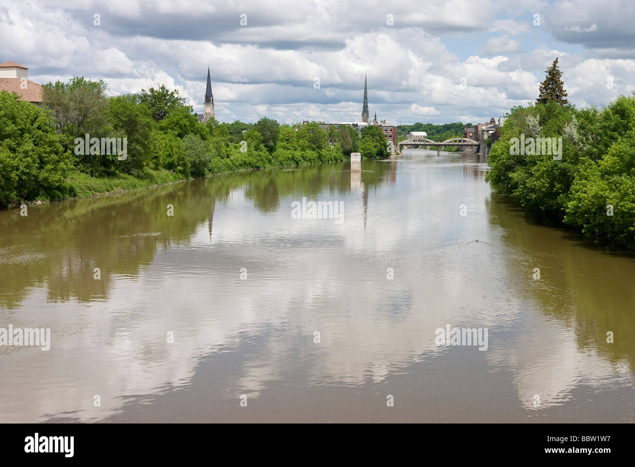 Grand River at Cambridge. The spires of two Cambridge churches are ...