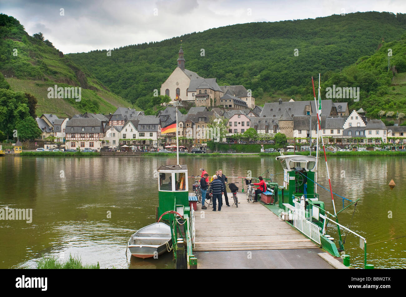 Beilstein Ferry on Mosel River, bikes and people on the ferry ...
