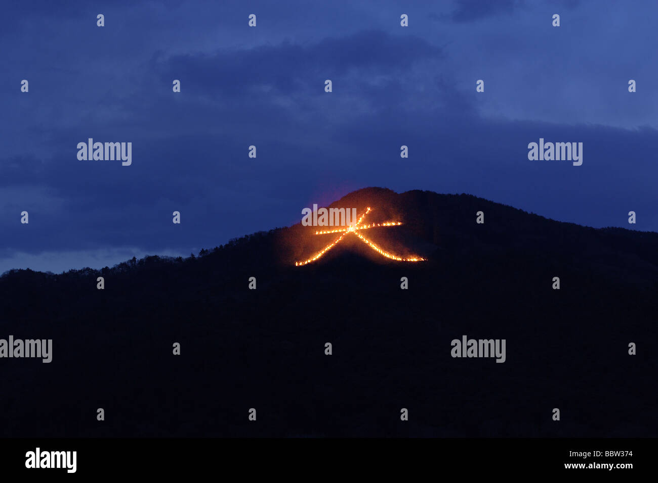 Japanese controlled fire sign illuminating a hilltop Stock Photo - Alamy