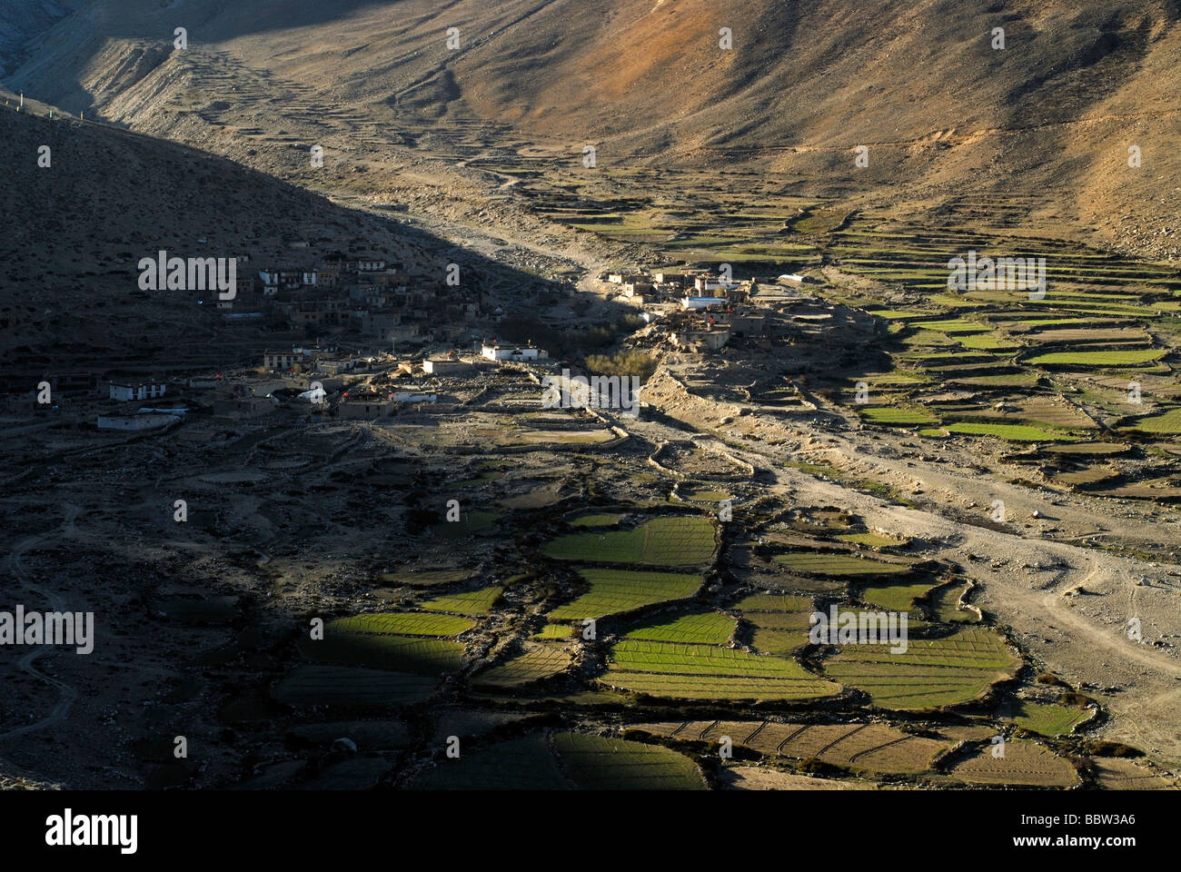Tibetan village Pengyeling with terrace fields and traditional farm ...