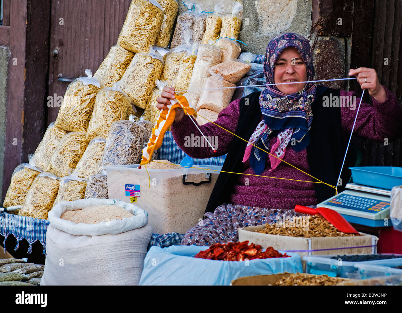 April 2008 Ankara Turkey traditional Turkish woman knitting out in the ...