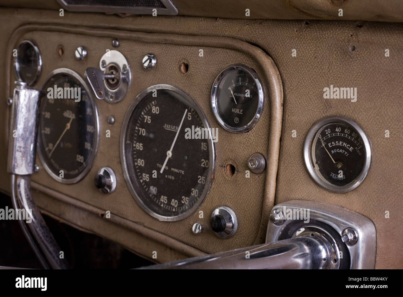 Dashboard instruments of a 1937 Bugatti Type 57s Atalante sports car ...