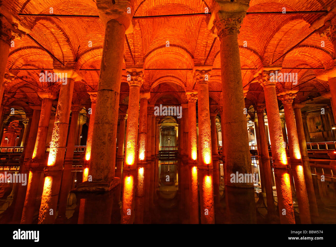 Yerebatan Sarayi, Byzantine cistern, illuminated arches with columns ...
