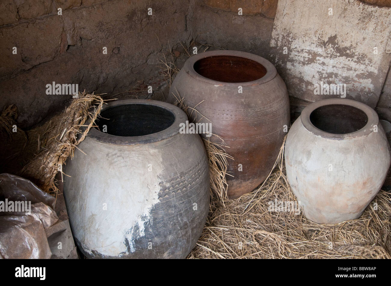 clay pots for making kimchi in a rural farm village of north korea ...