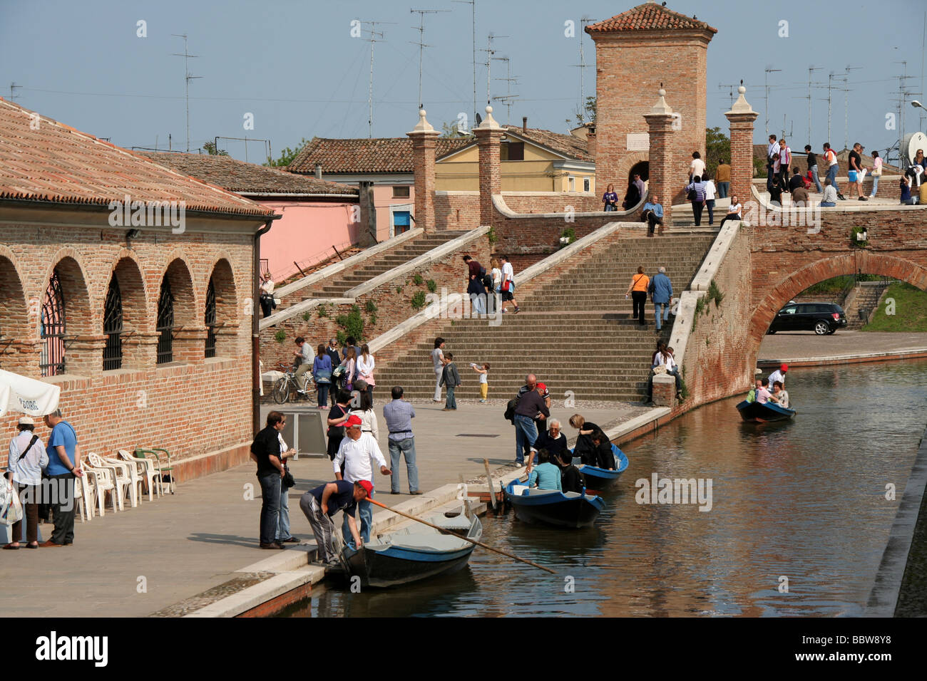 The Po Delta town of Comacchio with its bridges and canals, Italy Stock ...