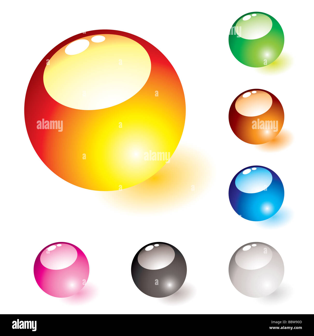 Collection of seven glass marbles with light reflection and shadow ...