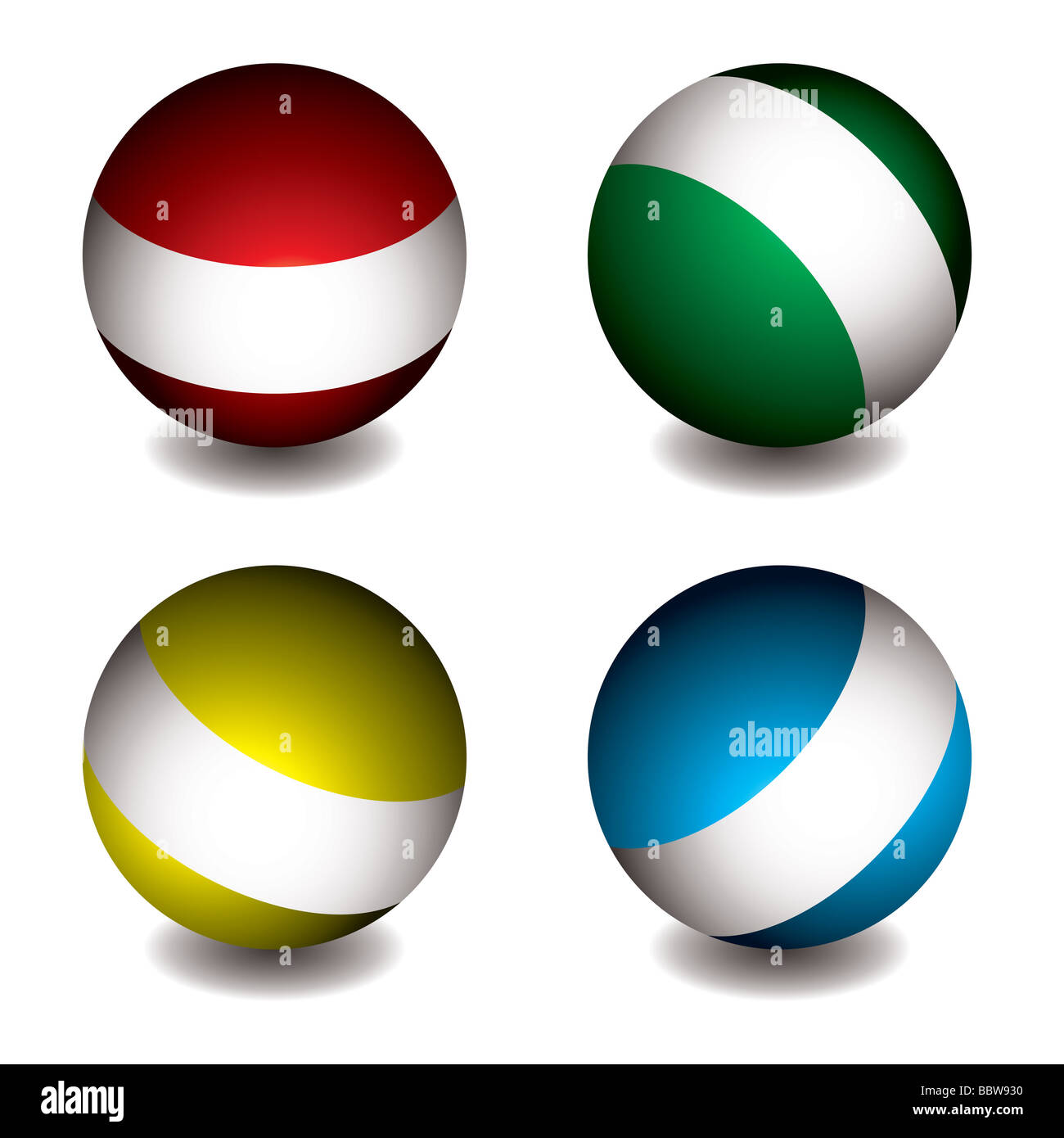 Collection of four colourful round orbs with shadow and white band ...