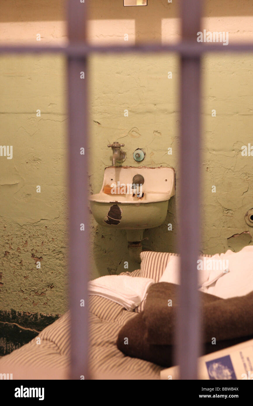 Wash basin and bed in prison cell in Alcatraz prison San Francisco ...