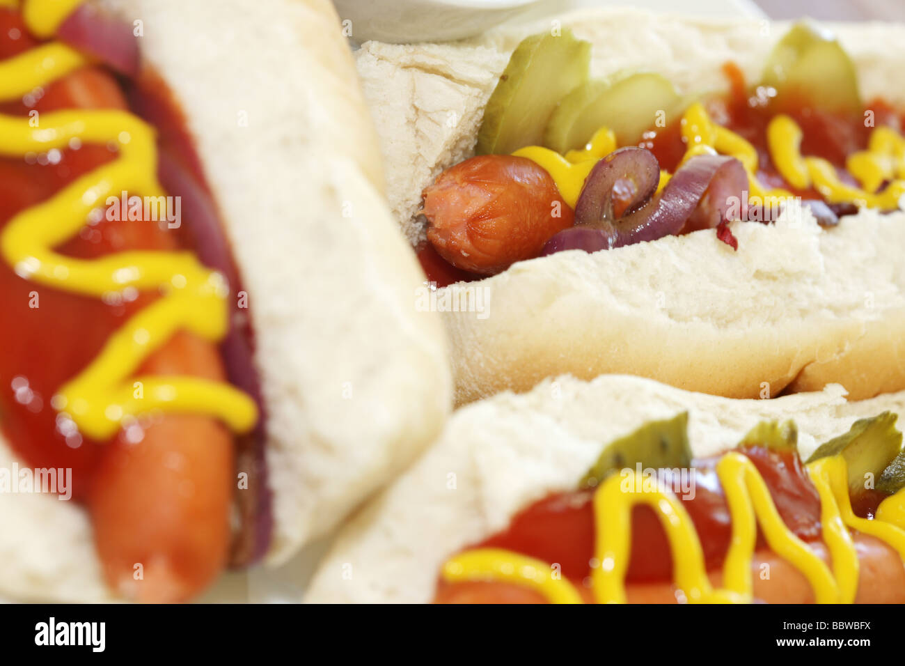 Freshly Prepared Frankfurter Hot Dogs In Soft White Bread Rolls With ...