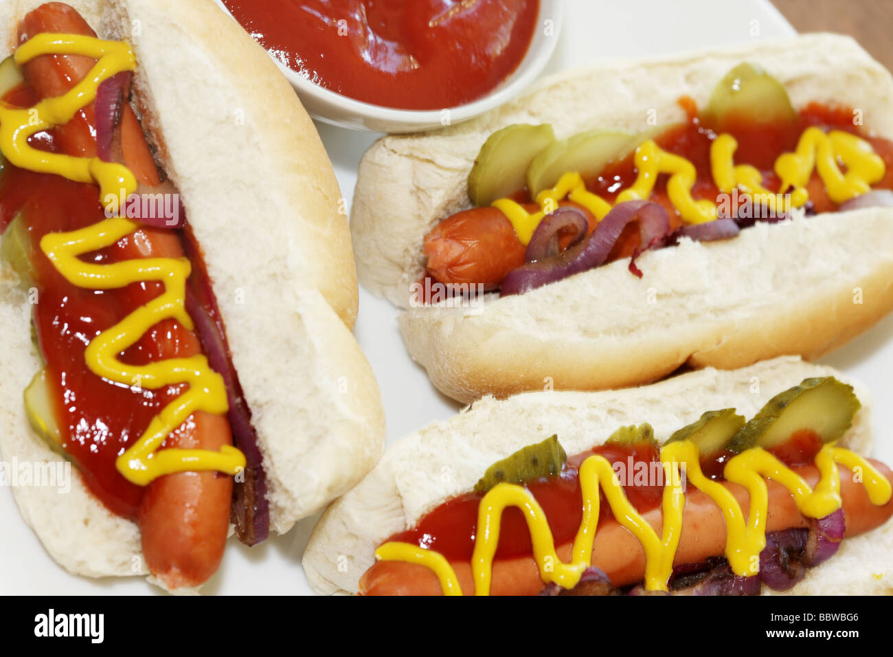 Freshly Prepared Frankfurter Hot Dogs In Soft White Bread Rolls With ...