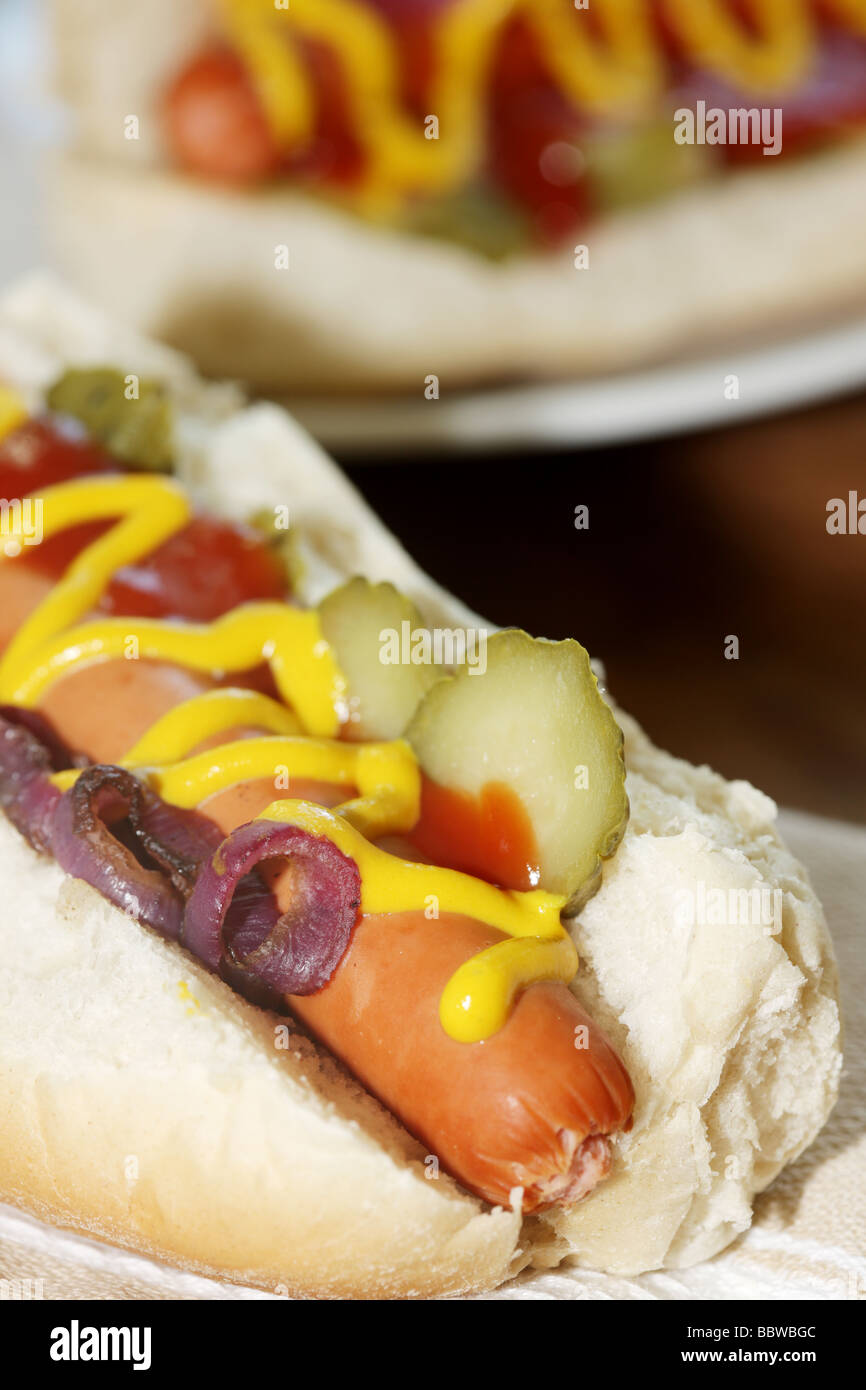 Freshly Prepared Frankfurter Hot Dogs In Soft White Bread Rolls With ...