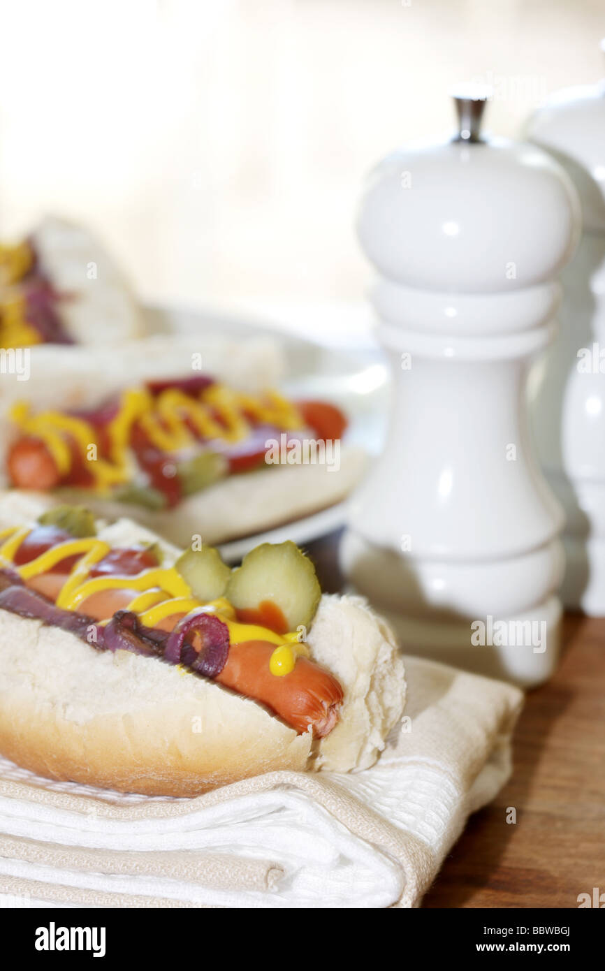 Freshly Prepared Frankfurter Hot Dogs In Soft White Bread Rolls With ...