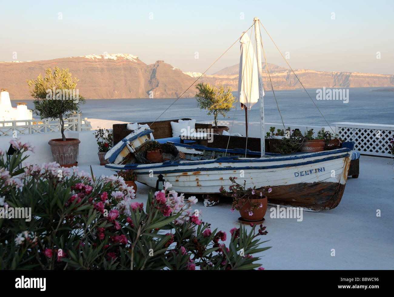 Decorative boat in Oia Stock Photo - Alamy