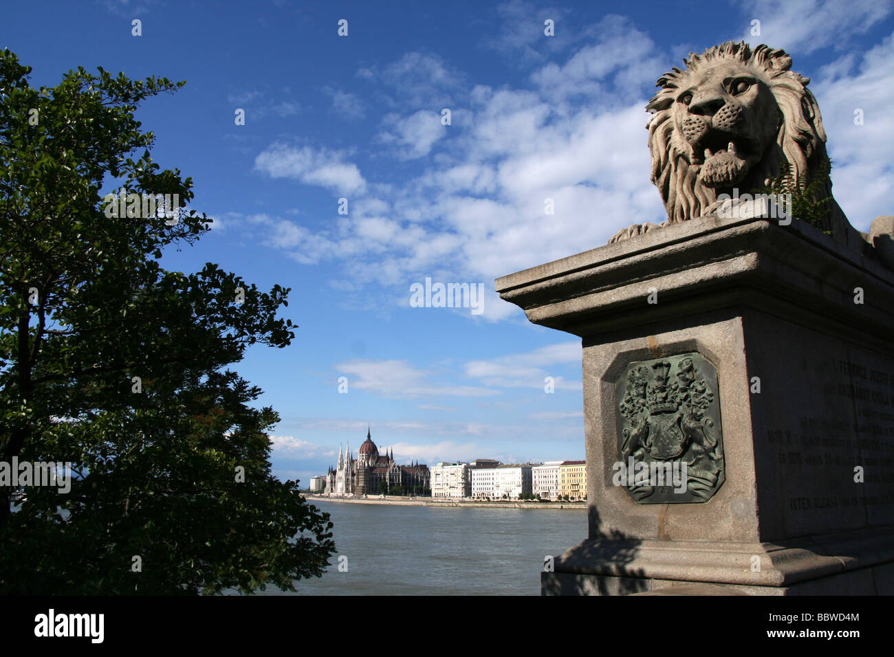 stone lion statue on chain bridge over the River Danube at Budapest ...