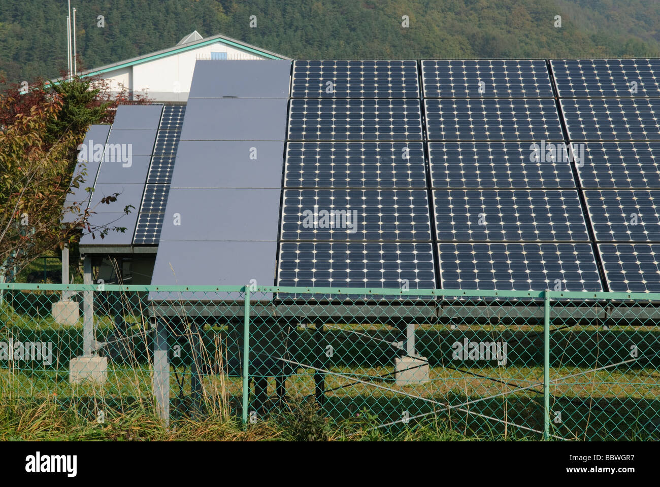 Solar panels outside Kuzumaki Junior High School Kuzumaki in Northern ...