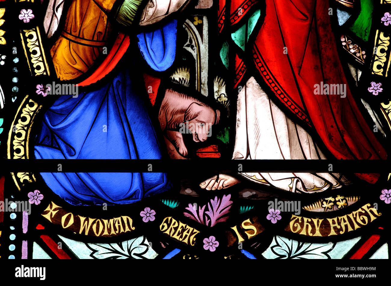 Stained glass with dog, St.Gregory`s Church, Offchurch, Warwickshire ...