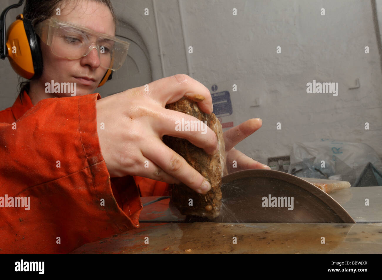 Scientist cutting up a Stalagmite sample from the Giant Caves of Borneo ...