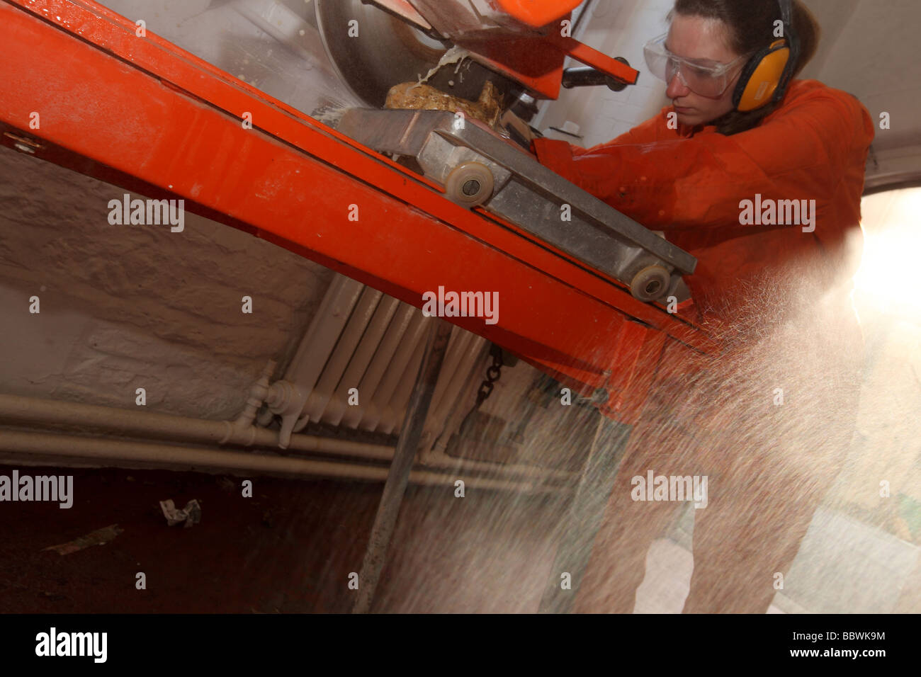 Scientist cutting up a Stalagmite sample on a circular bench saw in ...