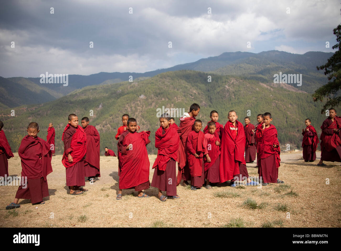 Young monks in red habit Thimphu monastery, Bhutan Stock Photo - Alamy